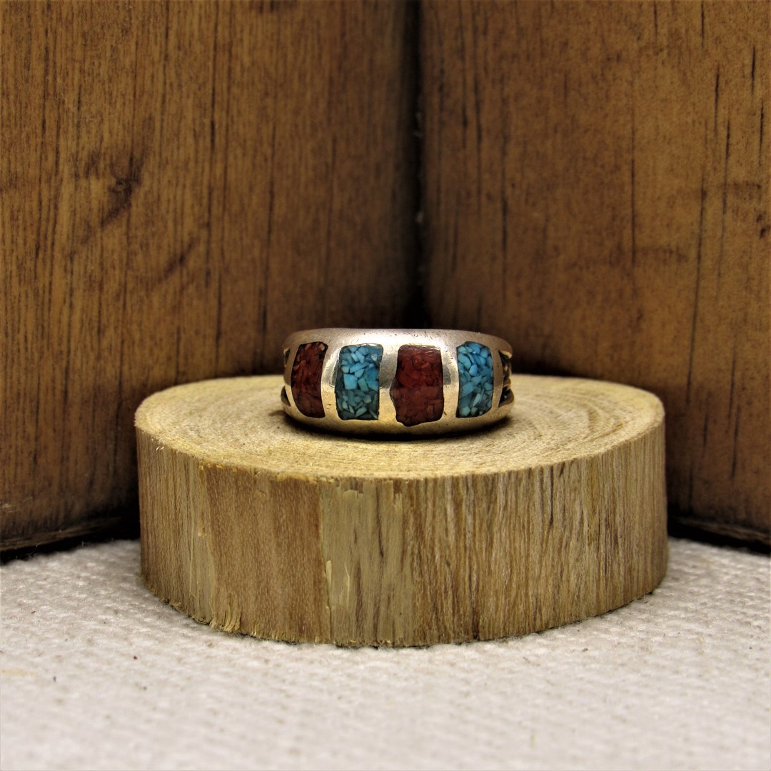 Sterling Silver Coral and Turquoise Chip Inlay Ring Size 3 3/4 + - Etsy