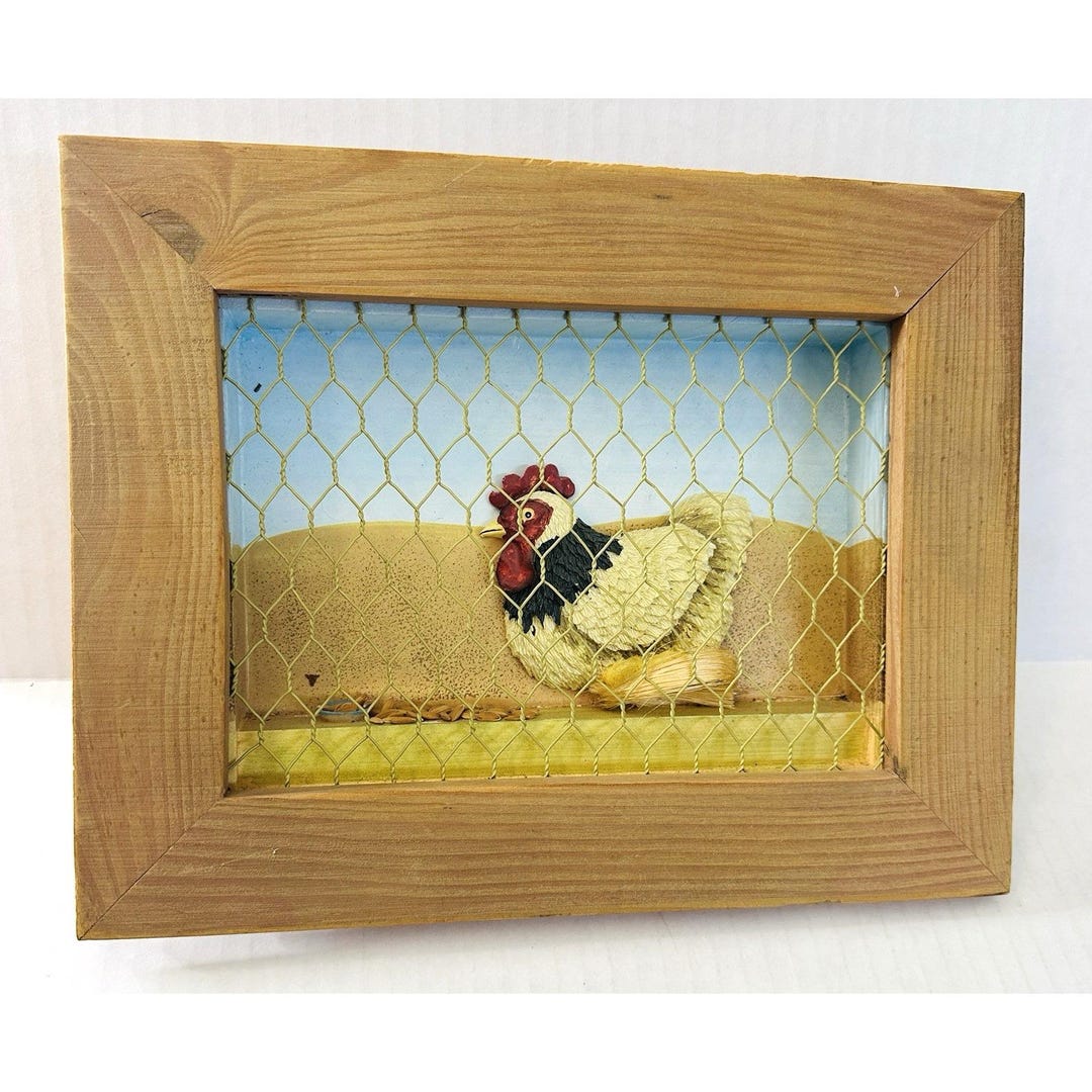 Rustic Rooster Farm Shadow Box 3D Framed Wood Chicken Wire Nest Seeds ...