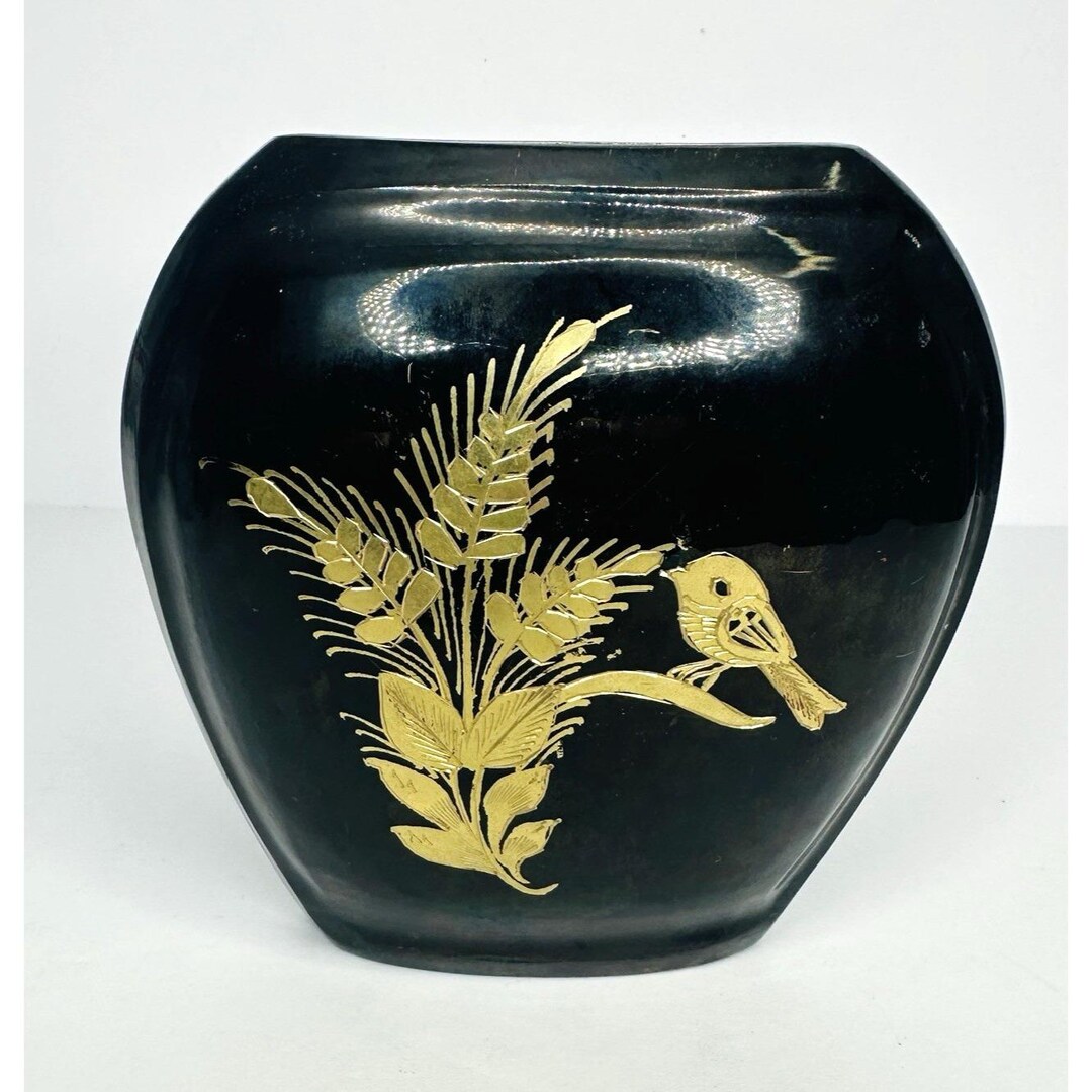 Indian Brass Overlay Flat Bud Vase Black Gold Etched Bird Floral 5.5 ...