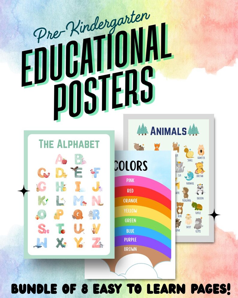 Prek-kindergarten Education Printable Posters Bundle- Shapes, Colors ...