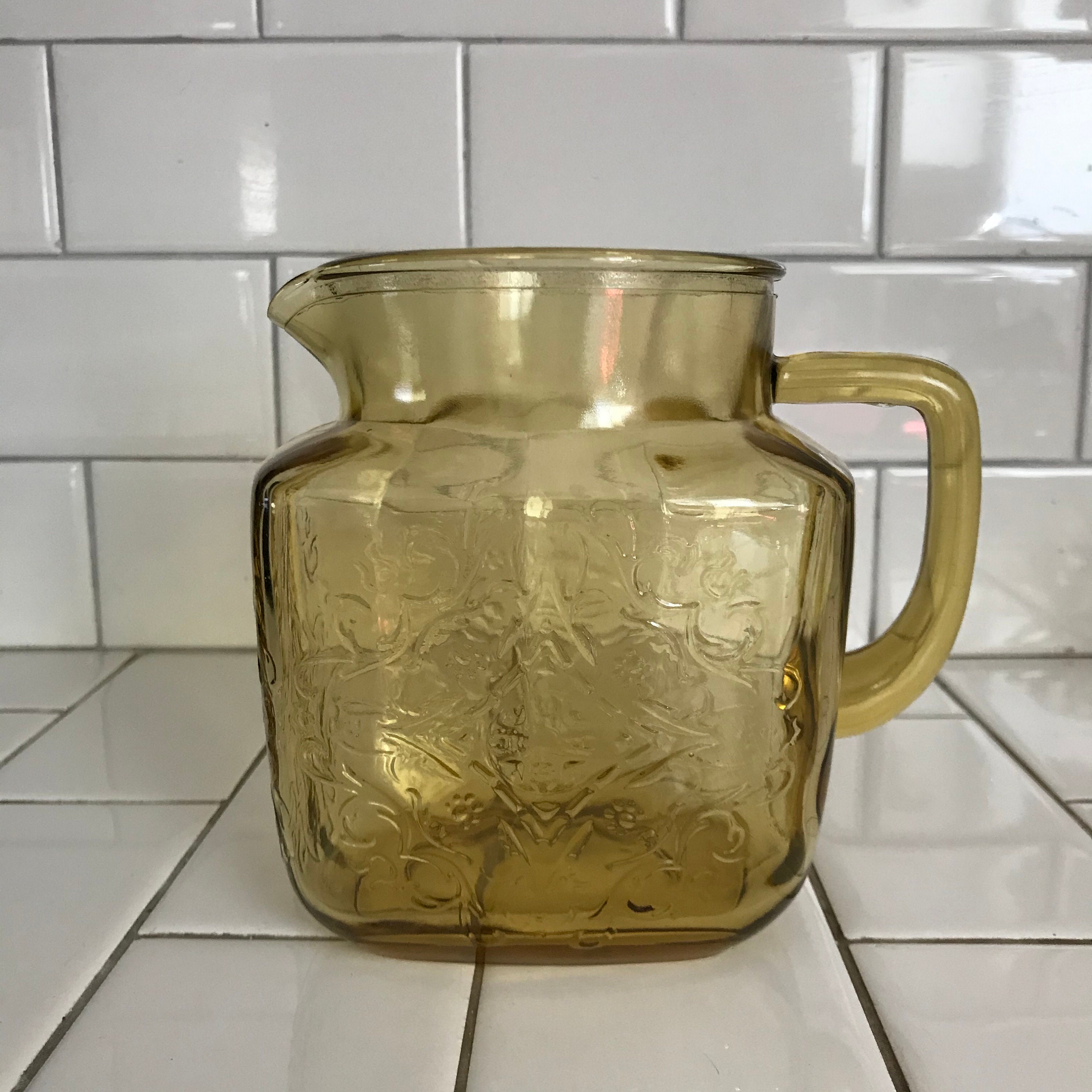 Vintage Square Pitcher Yellow Glass Raised Scroll Pattern 4 - Etsy Ireland