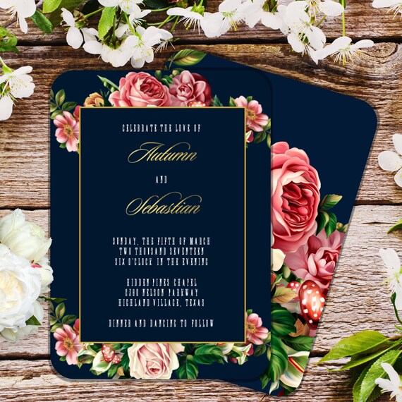 Invitation Navy Blue with Floral Border Qty 25 | Etsy