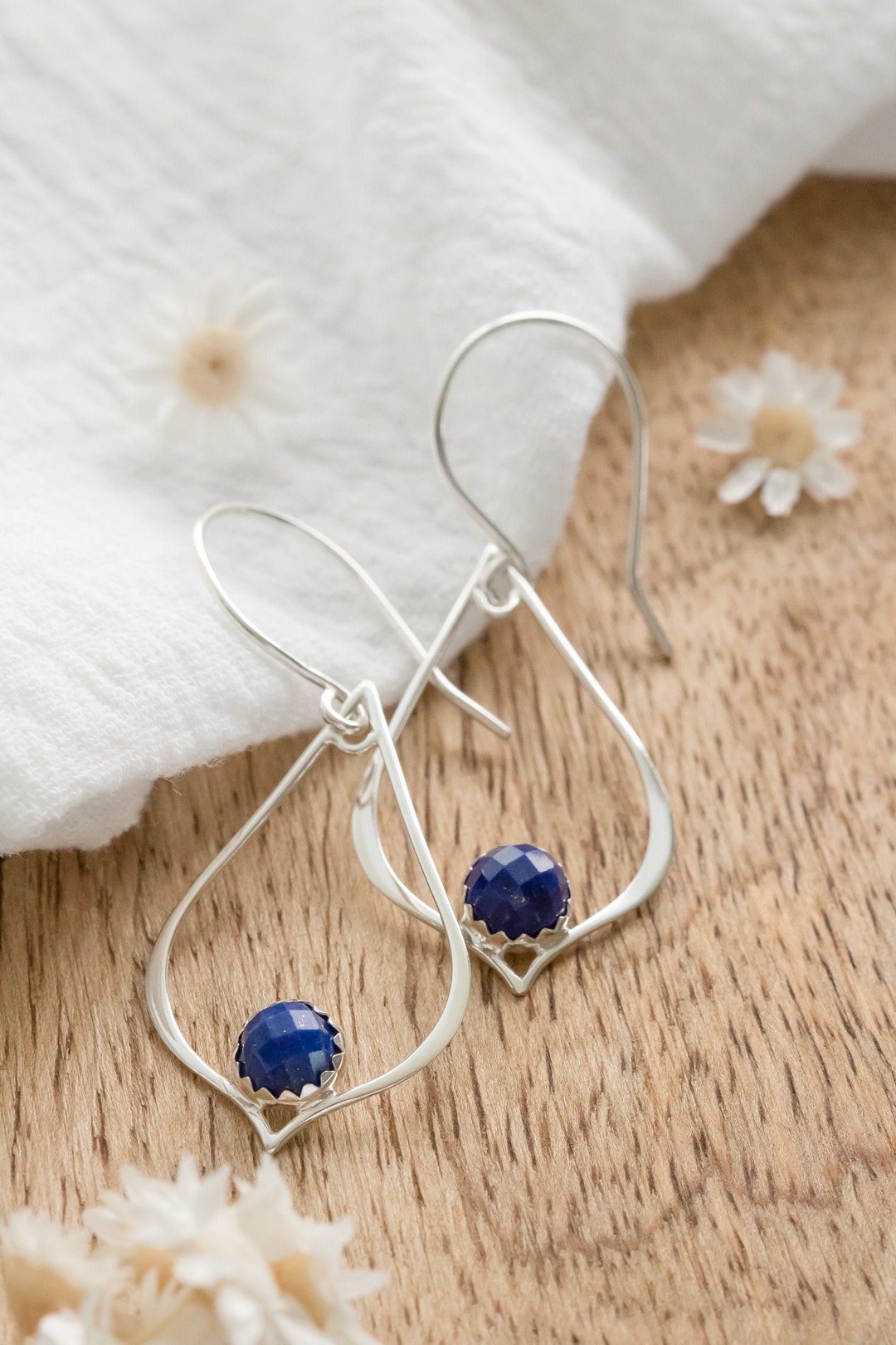 Handmade Sterling Silver Lapis Lazuli Lotus Petal Dangle Earrings From ...