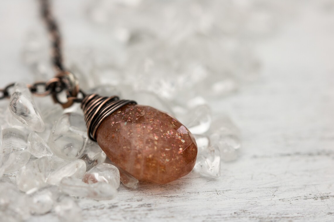 Sunstone Necklace Sunstone Pendant Copper Wire Wrapped - Etsy