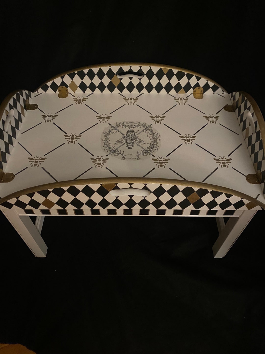 Bee Motif Table, Black and White Harlequin Table, Black and White ...