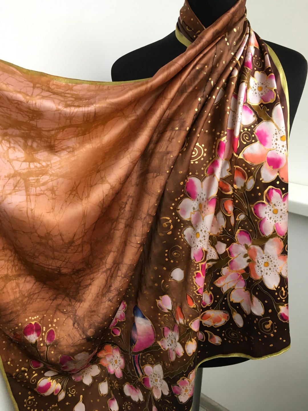 Hand Painted Satin Scarf Sakura Japanese Motif Gift for Her Unique ...
