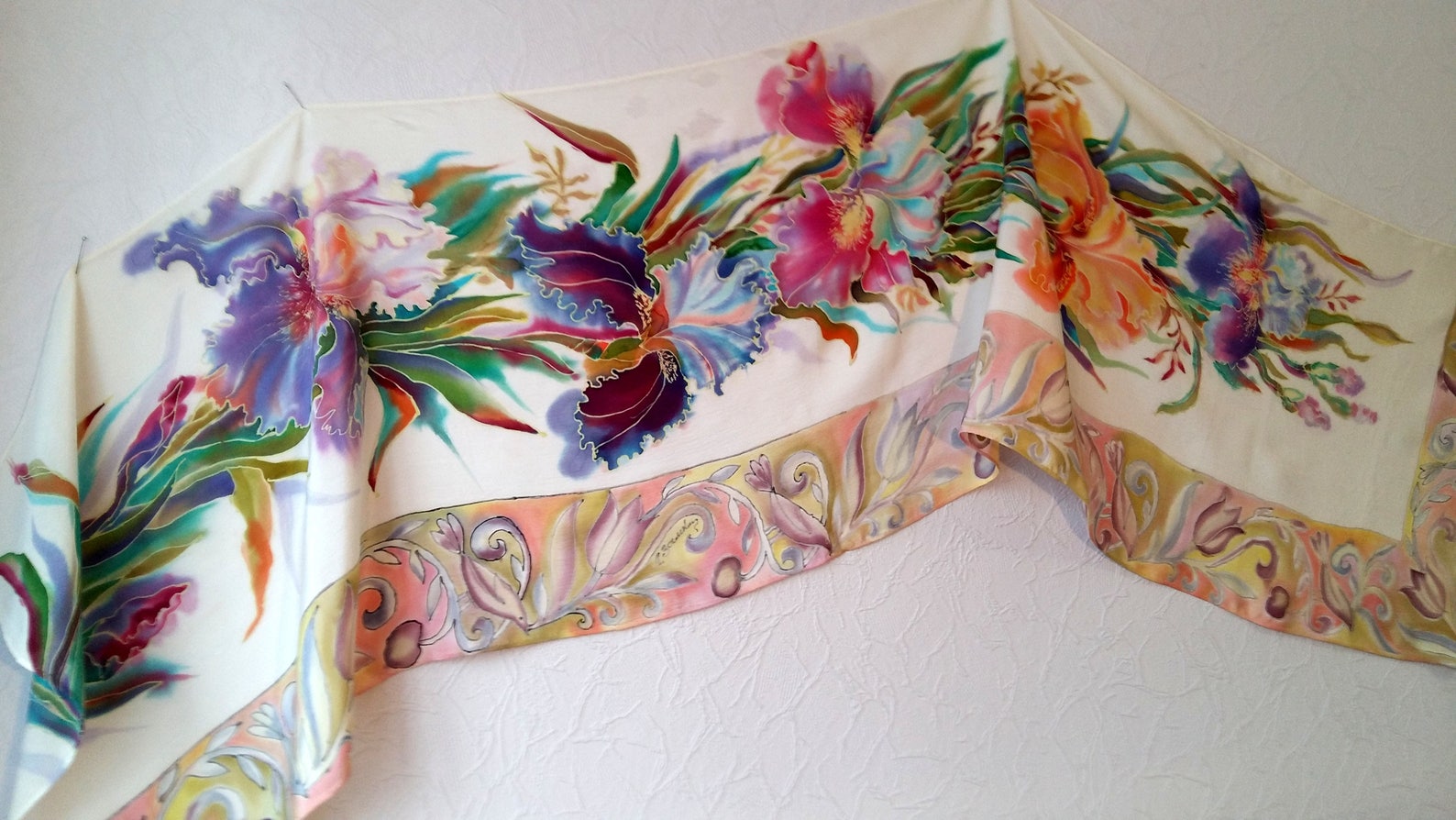 IRISES SCARF With ORNAMENT. Natural Motiv Silk Scarf. Hand | Etsy UK