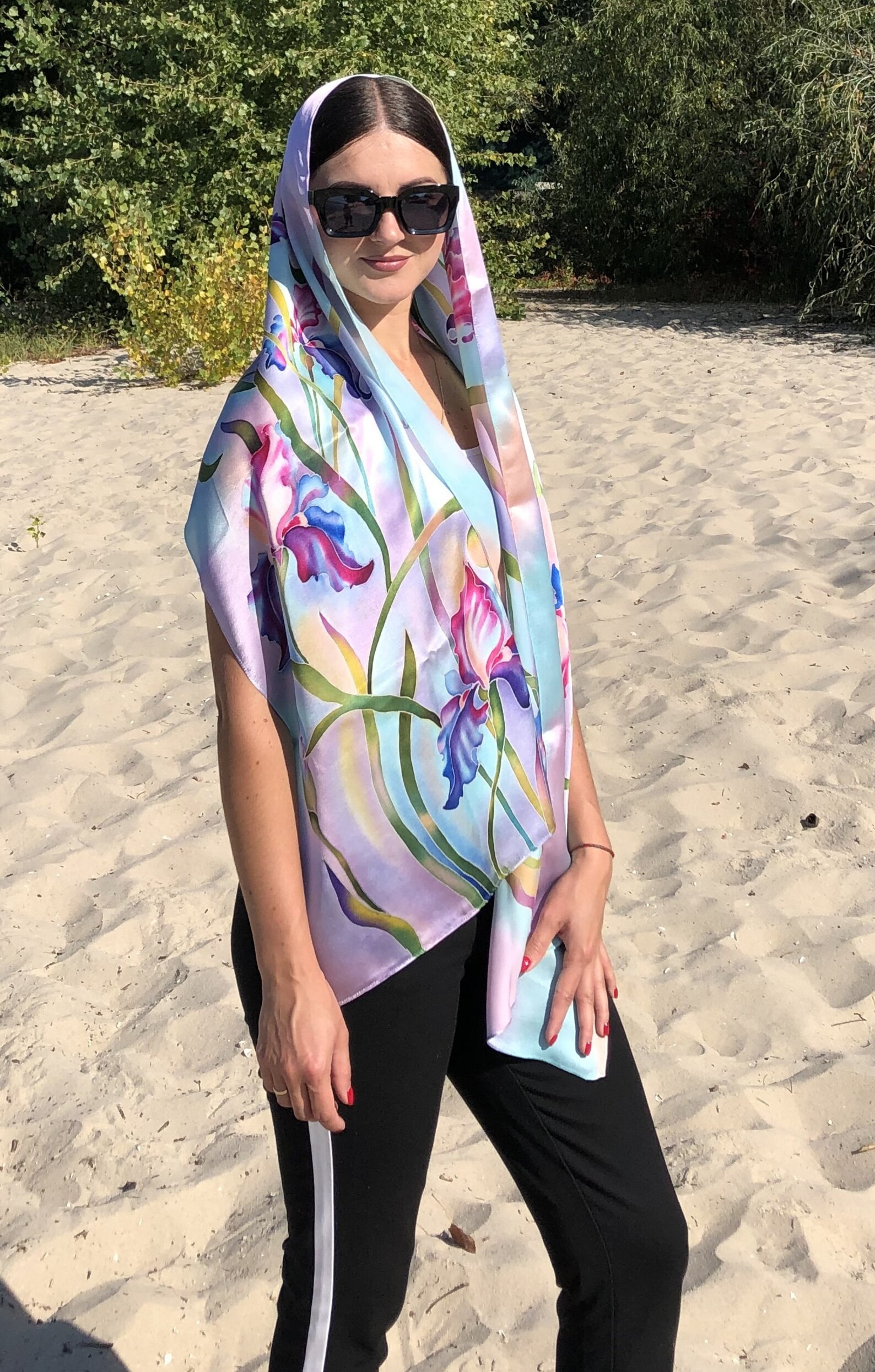 Silk Satin Scarf Hand Painted Irises Art Nouveau 70/17 Flowers Silk ...