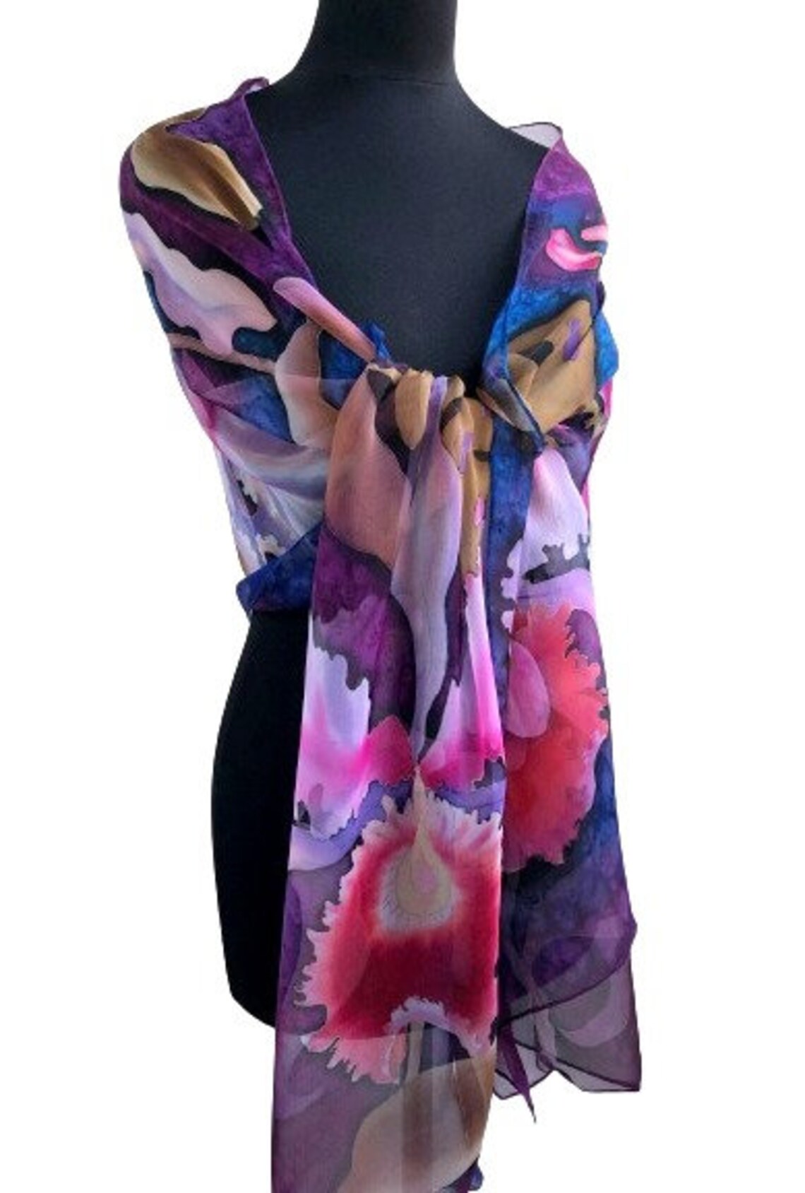 Hand Painted Large Chiffon Scarf Orchids Lightweight Silk Scarf Wedding ...