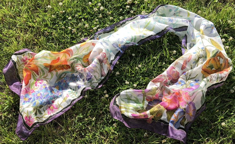 Silk Scarf June Flowers, Natural Motiv Silk Scarf, Hand Painted Silk ...