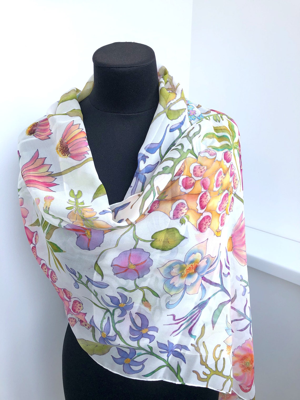 Hand Painted Botany Silk Chiffon Scarf Garden Flowers Scarf - Etsy UK