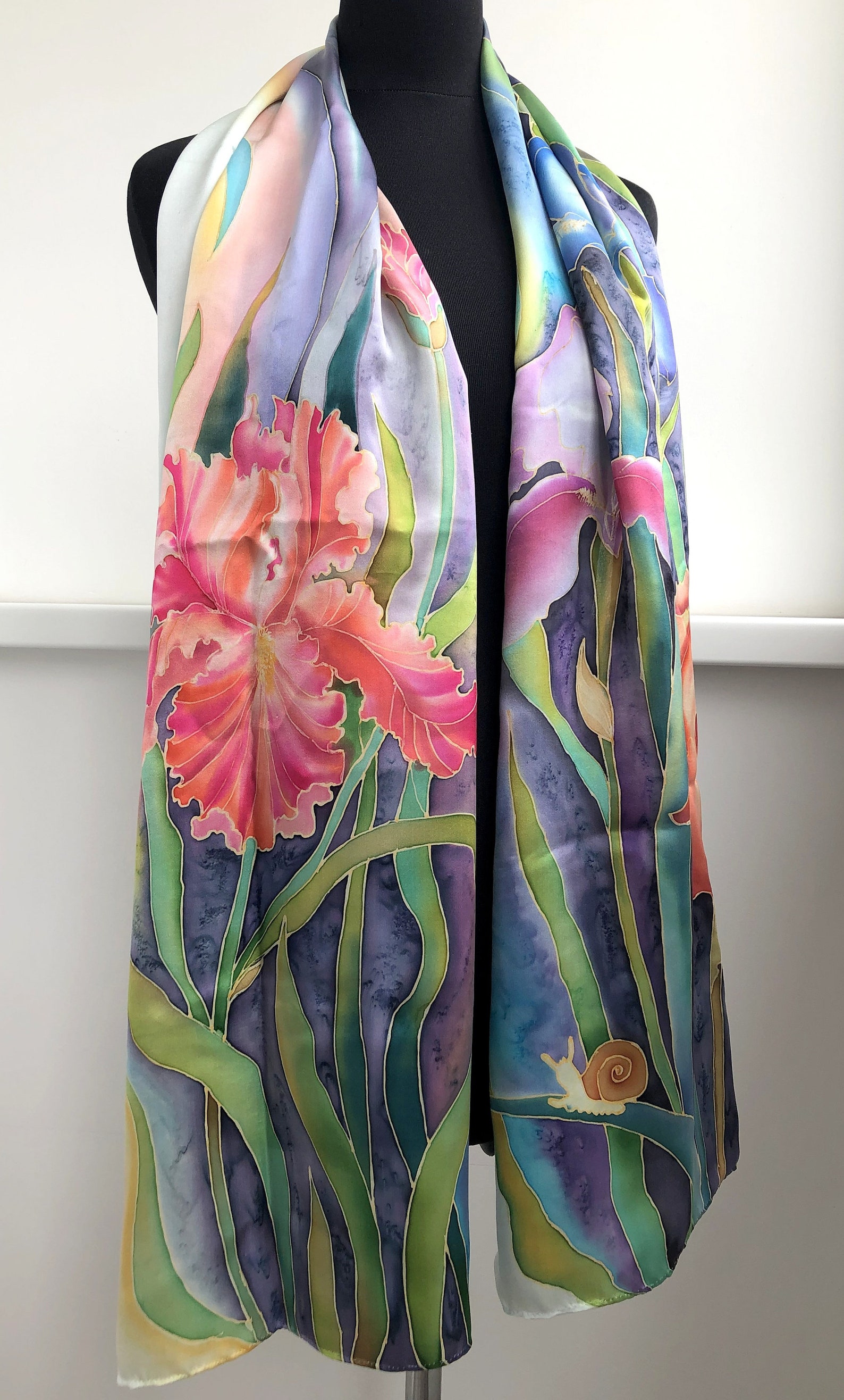 Iris Batik Silk Satin Scarf Hand Painted Silk Gift Women - Etsy