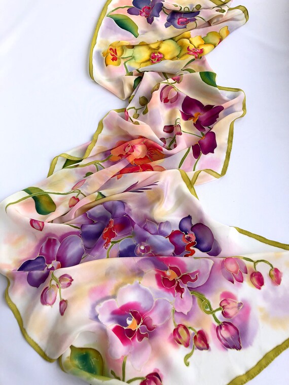 Orchids Natural Silk Scarf Hand Painted Silk Floral Designer - Etsy