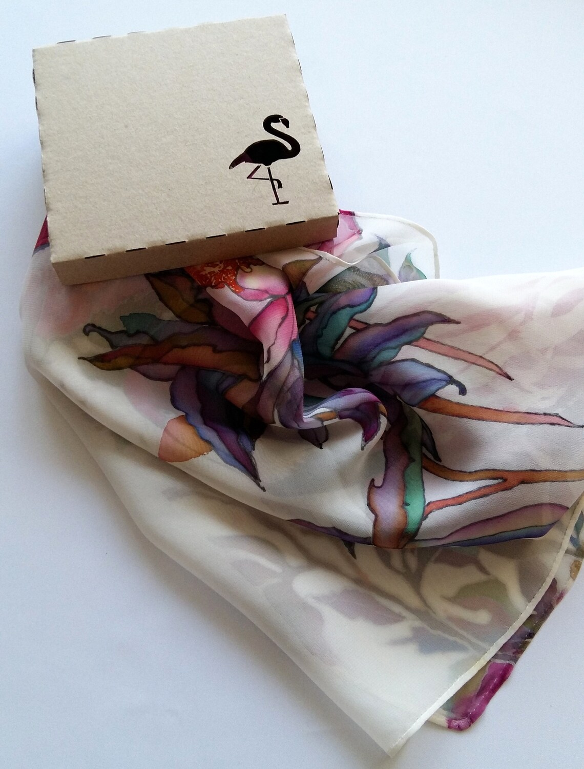 Silk Scarf Flamingo in Peonies Silk Scarf Handpainted - Etsy