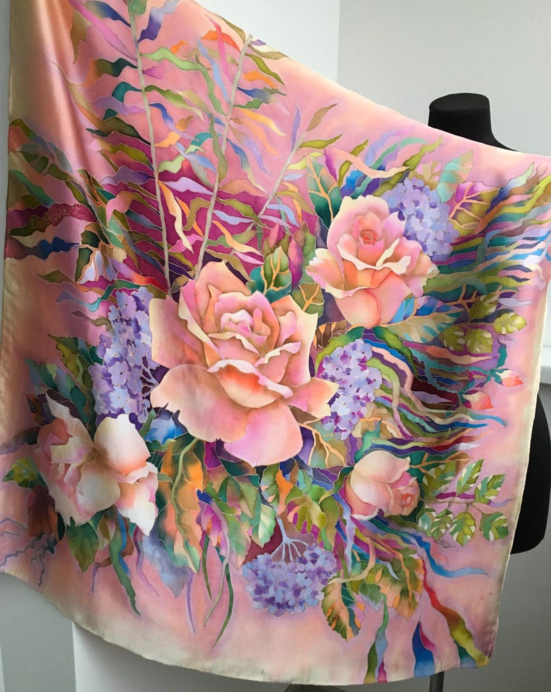 Hand Painted Silk Scarf Roses Natural Satin Gift Women Anniversary Gift ...
