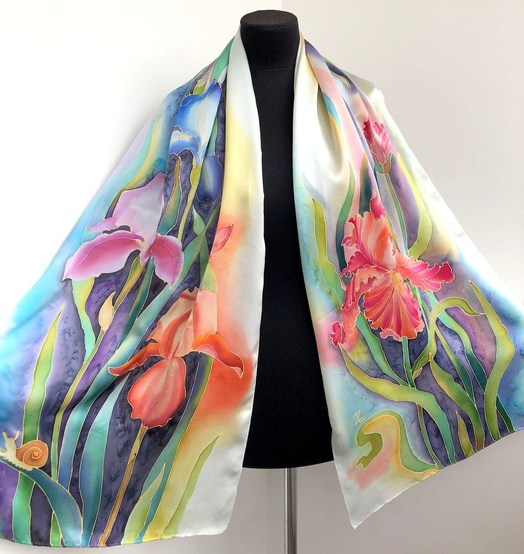 Iris Batik Silk Satin Scarf Hand Painted Silk Gift Women - Etsy