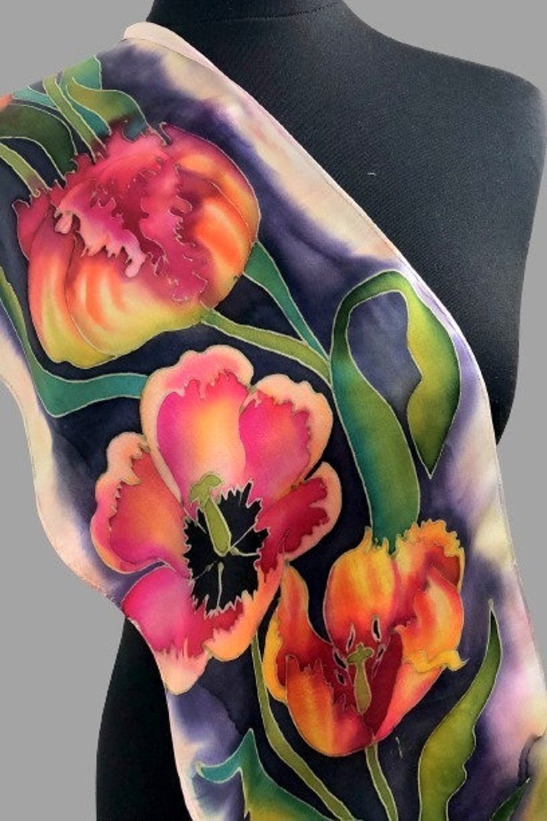 Silk Satin Scarf Batik Tulips, Hand-painted Silk, Gift for Her and Mom ...