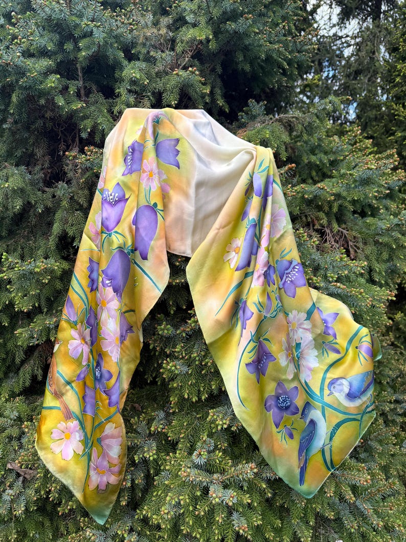 Bells Cosmea Silk Scarf Hand Painted Natural Silk Satin Mother's Day ...