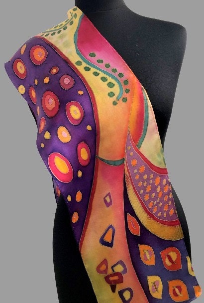 Hand Painted Silk Scarf Frey Wille / Abstract Scarf /natural Silk Satin ...
