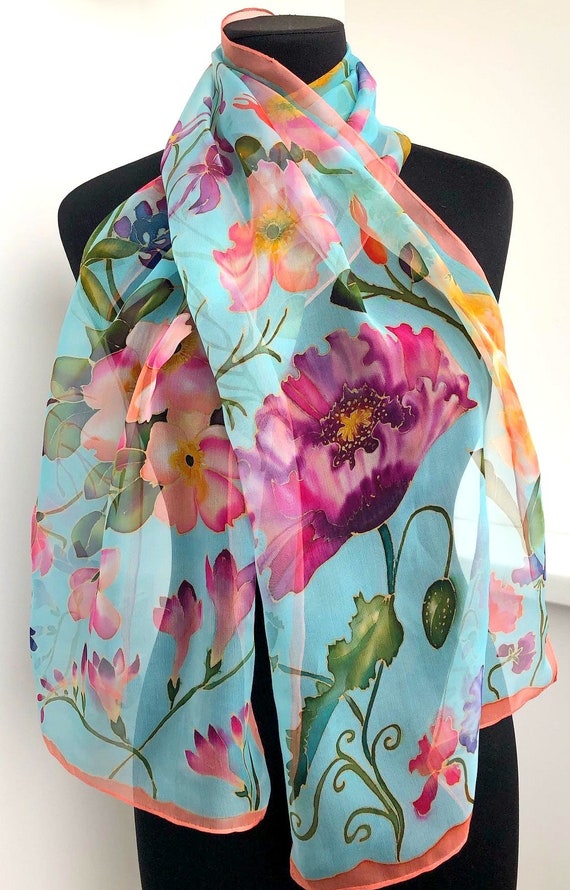 Hand Painted Natural Chiffon Scarf botany on Blue Floral - Etsy