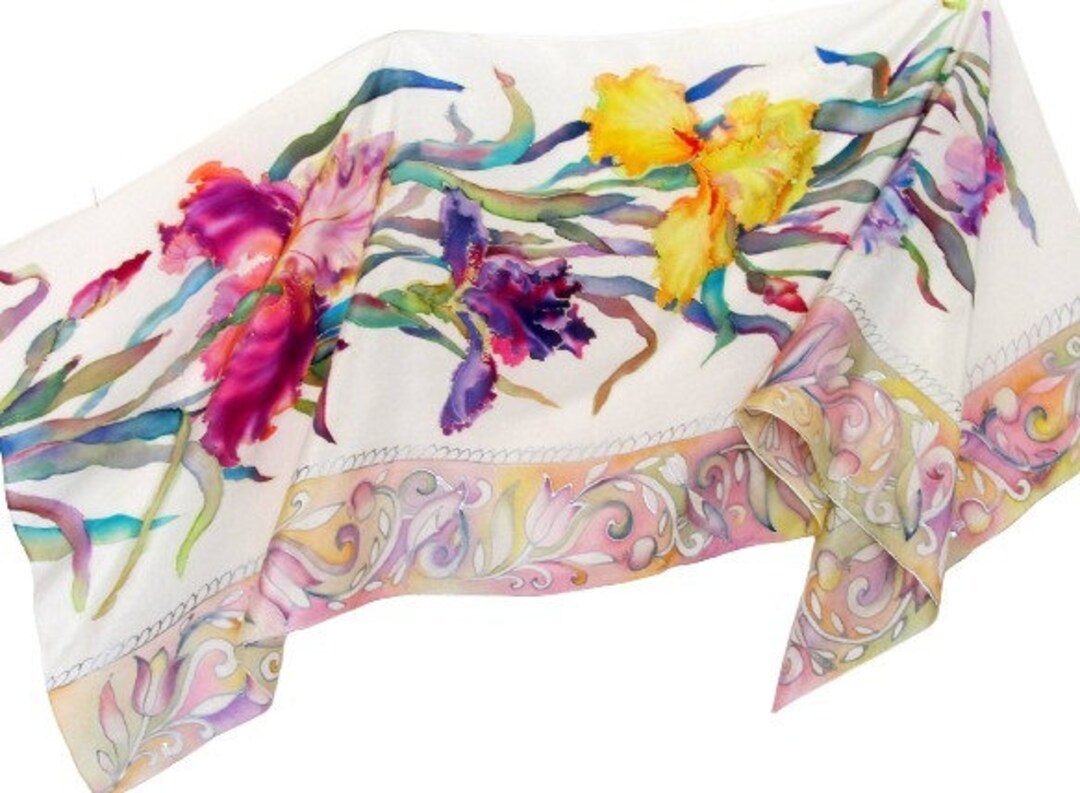IRISES SCARF With ORNAMENT. Natural Motiv Silk Scarf. Hand Painted Silk ...