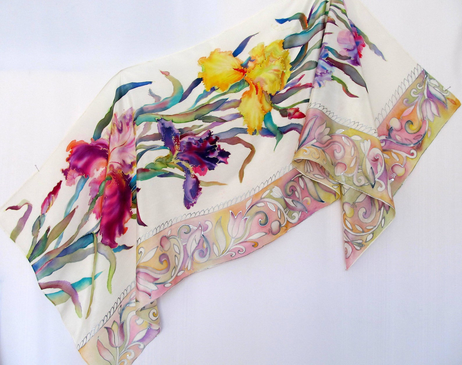 IRISES SCARF With ORNAMENT. Natural Motiv Silk Scarf. Hand - Etsy UK