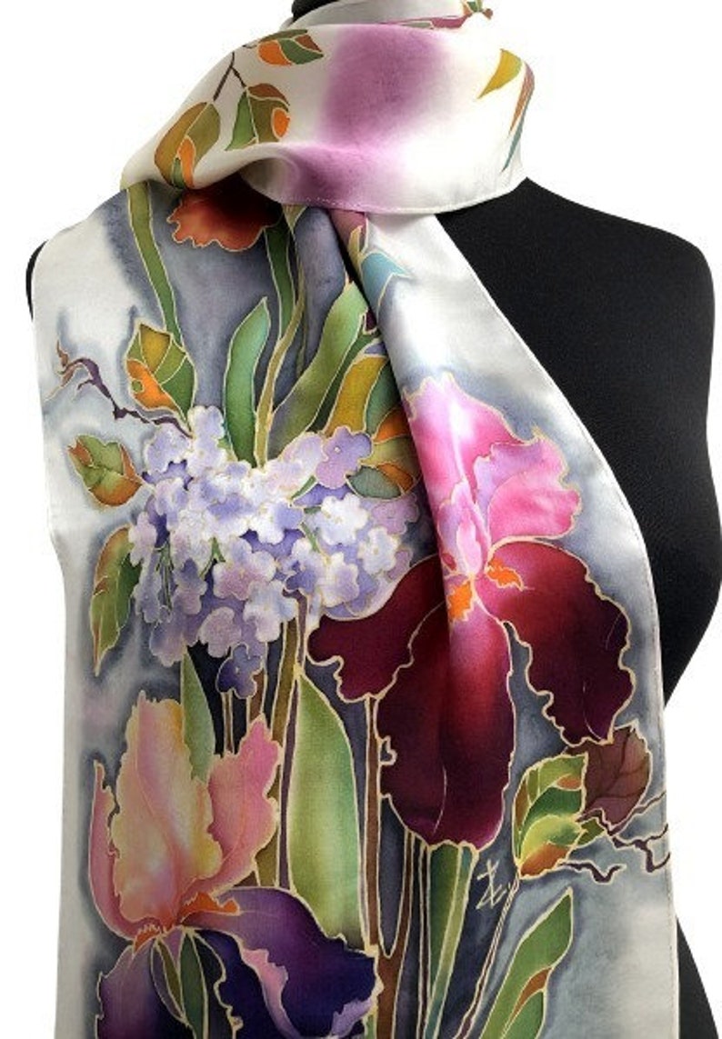 Iris Batik Silk Satin Scarf, Hand Painted Silk, Gift Women. - Etsy