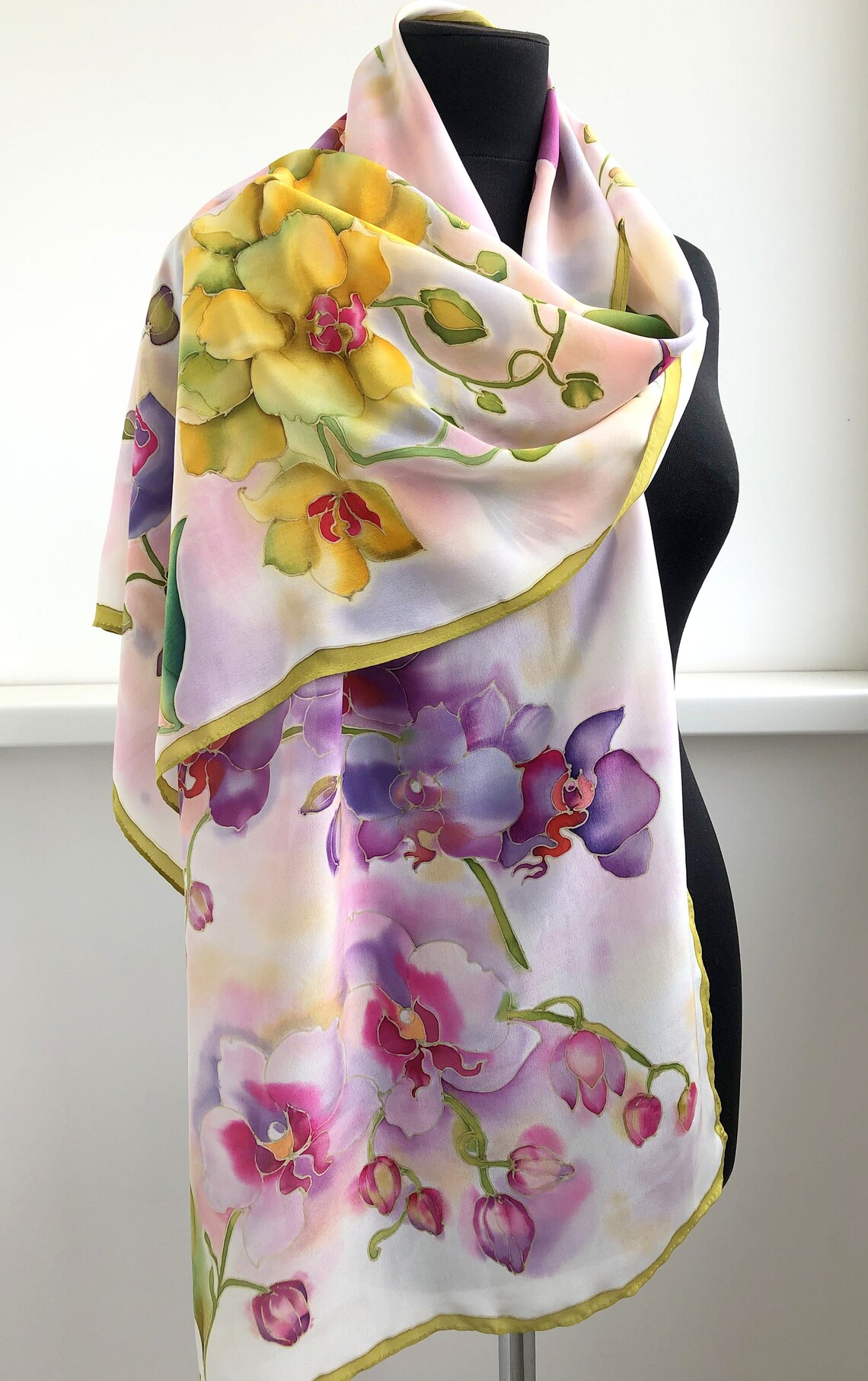 Orchids Natural Silk Scarf Hand Painted Silk Floral Designer | Etsy