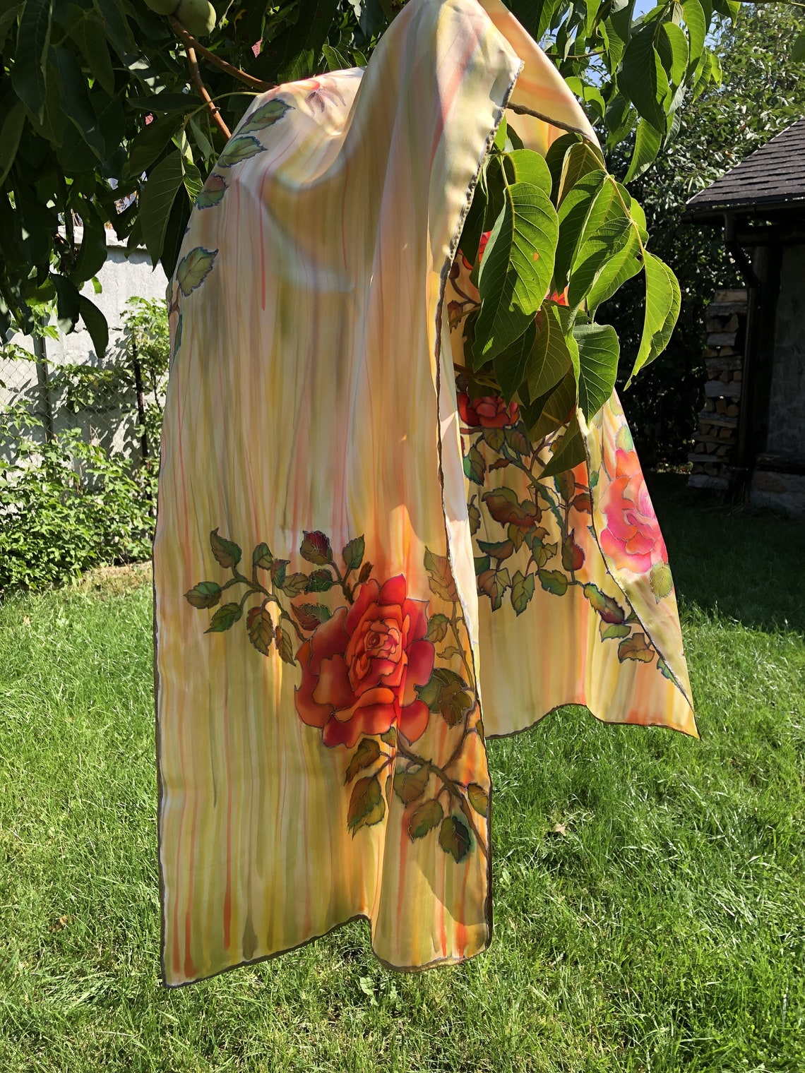 Silk Scarf Scarlet Roses Satin Silk/ Hand Painted Silk Scarf/ - Etsy