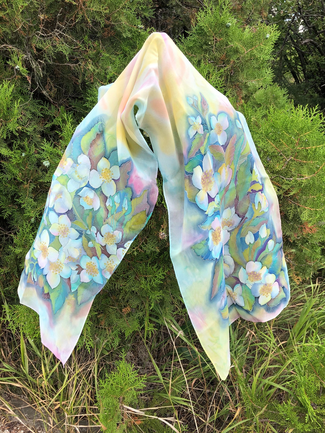 Silk Scarf Jasmine Flowers Natural Motif Silk Scarf - Etsy