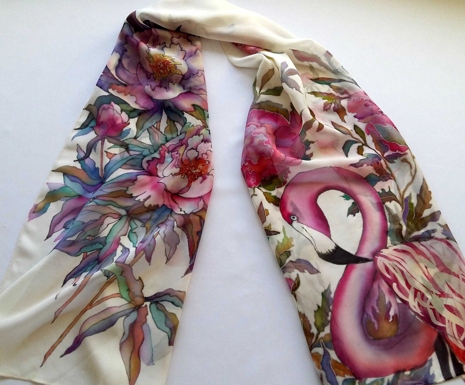 Silk Scarf Flamingo in Peonies Silk Scarf Handpainted - Etsy