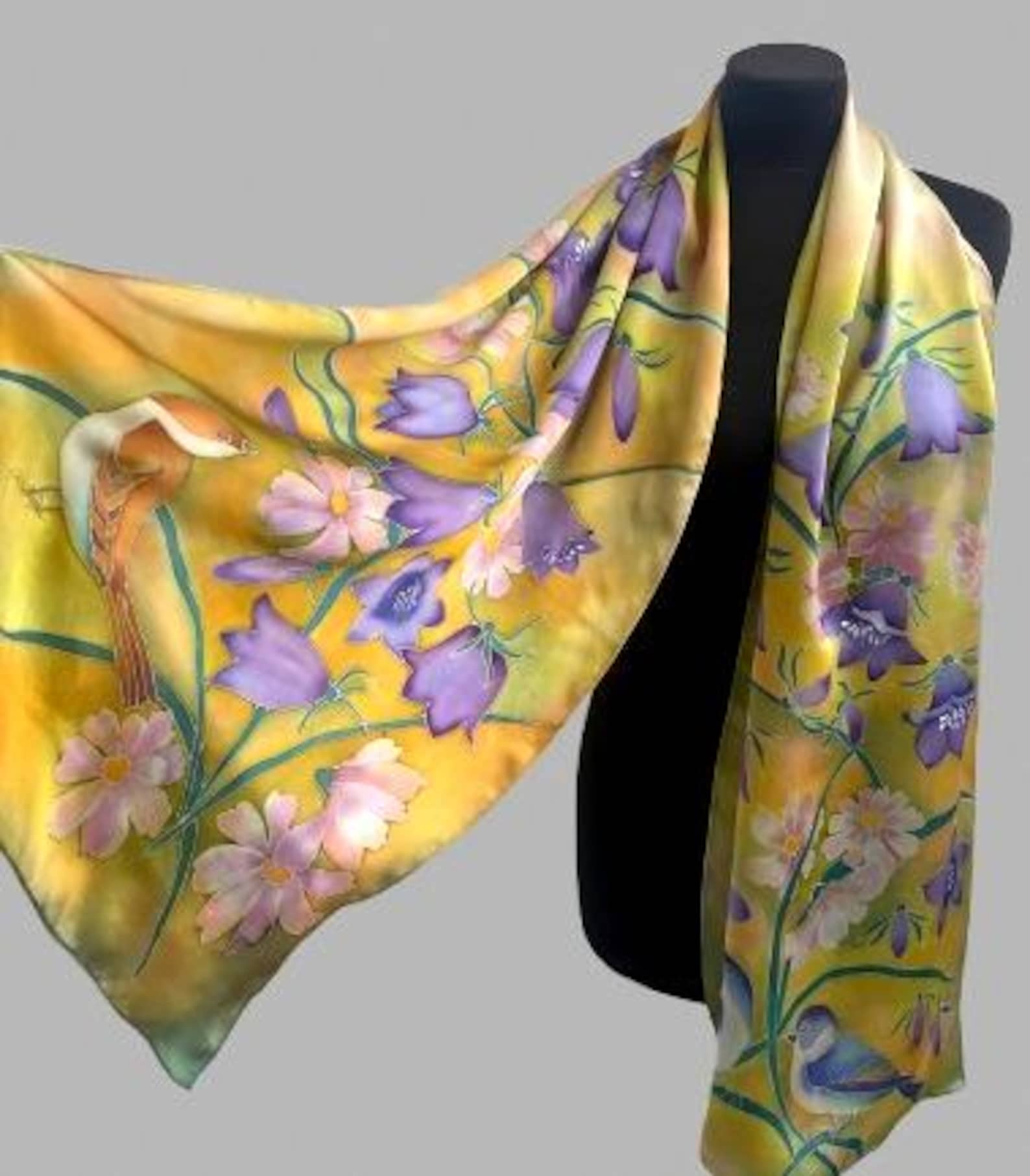 Bells Cosmea Silk Scarf Hand Painted Natural Silk Satin Mother's Day ...