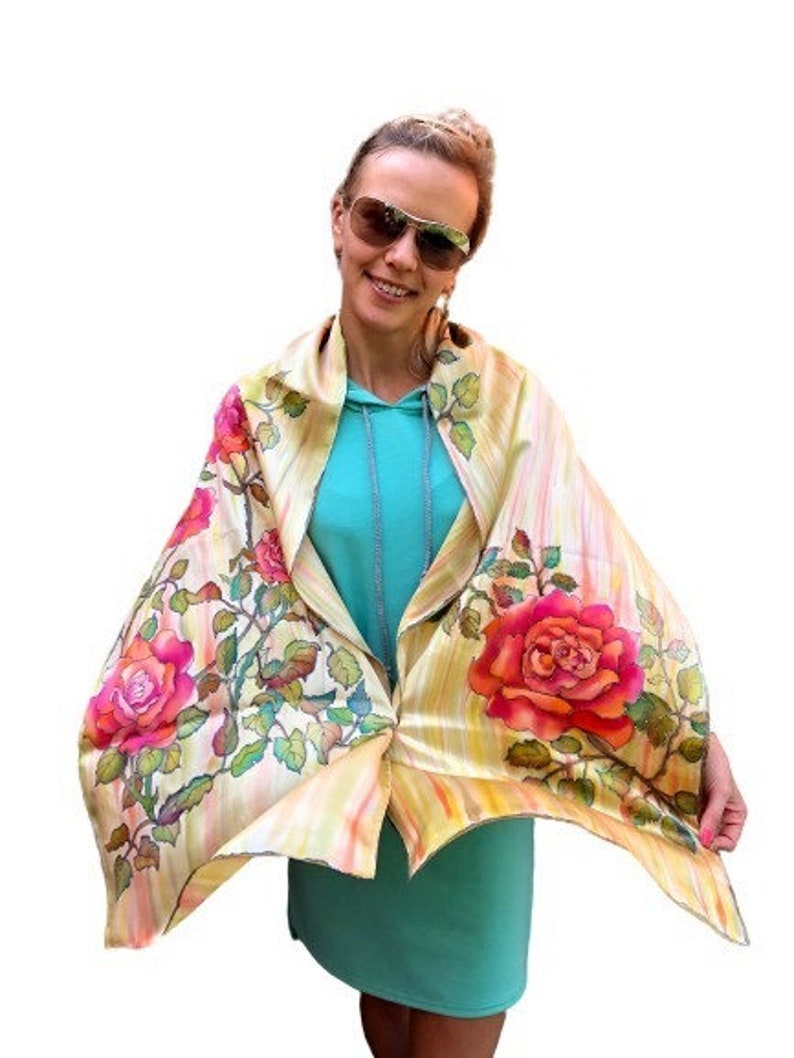 Silk Scarf Scarlet Roses Satin Silk/ Hand Painted Silk Scarf/ - Etsy