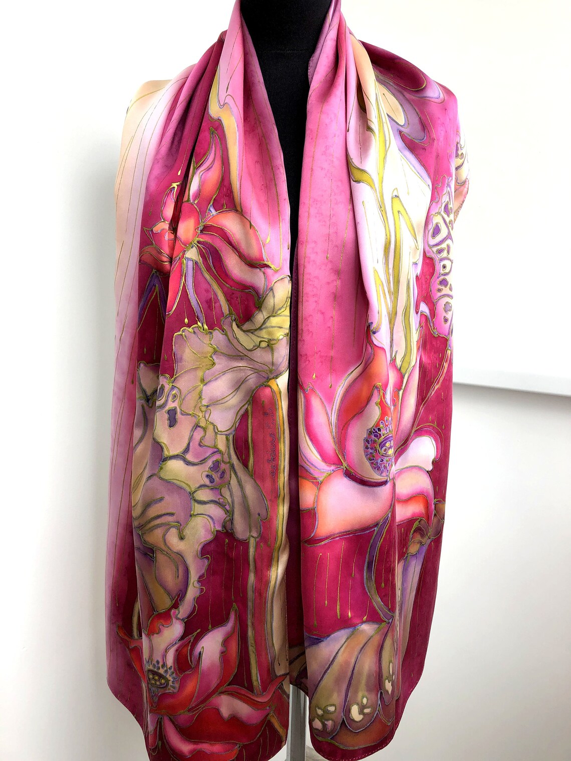 Silk Scarf Lotus Hand Painted Burgundy and Ocher Silk Scarf - Etsy