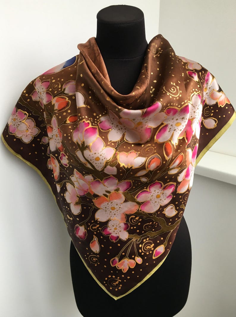 Hand Painted Satin Scarf Sakura Japanese Motif Gift for Her Unique ...