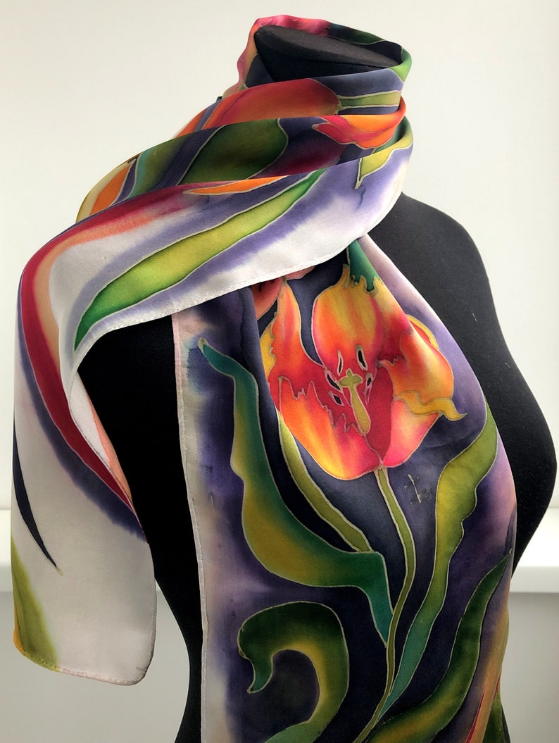 Silk Satin Scarf Batik Tulips Hand-painted Silk Gift for - Etsy