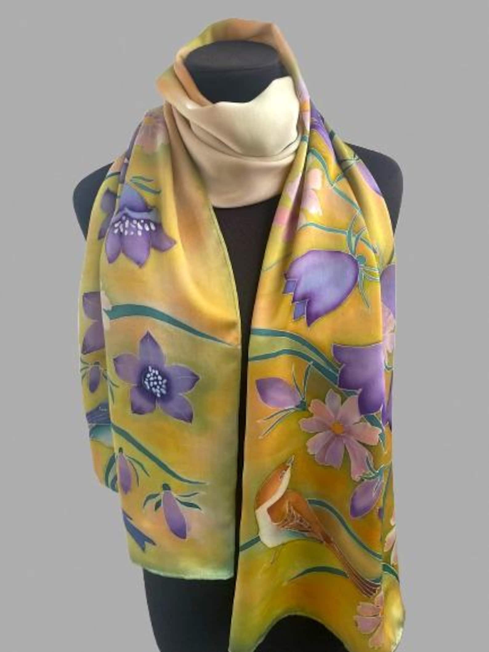 Bells Cosmea Silk Scarf Hand Painted Natural Silk Satin Mother's Day ...