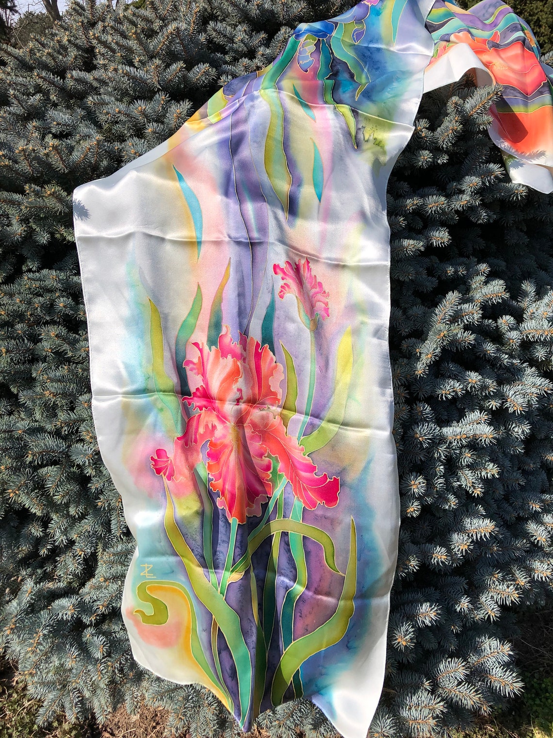 Iris Batik Silk Satin Scarf Hand Painted Silk Gift Women - Etsy