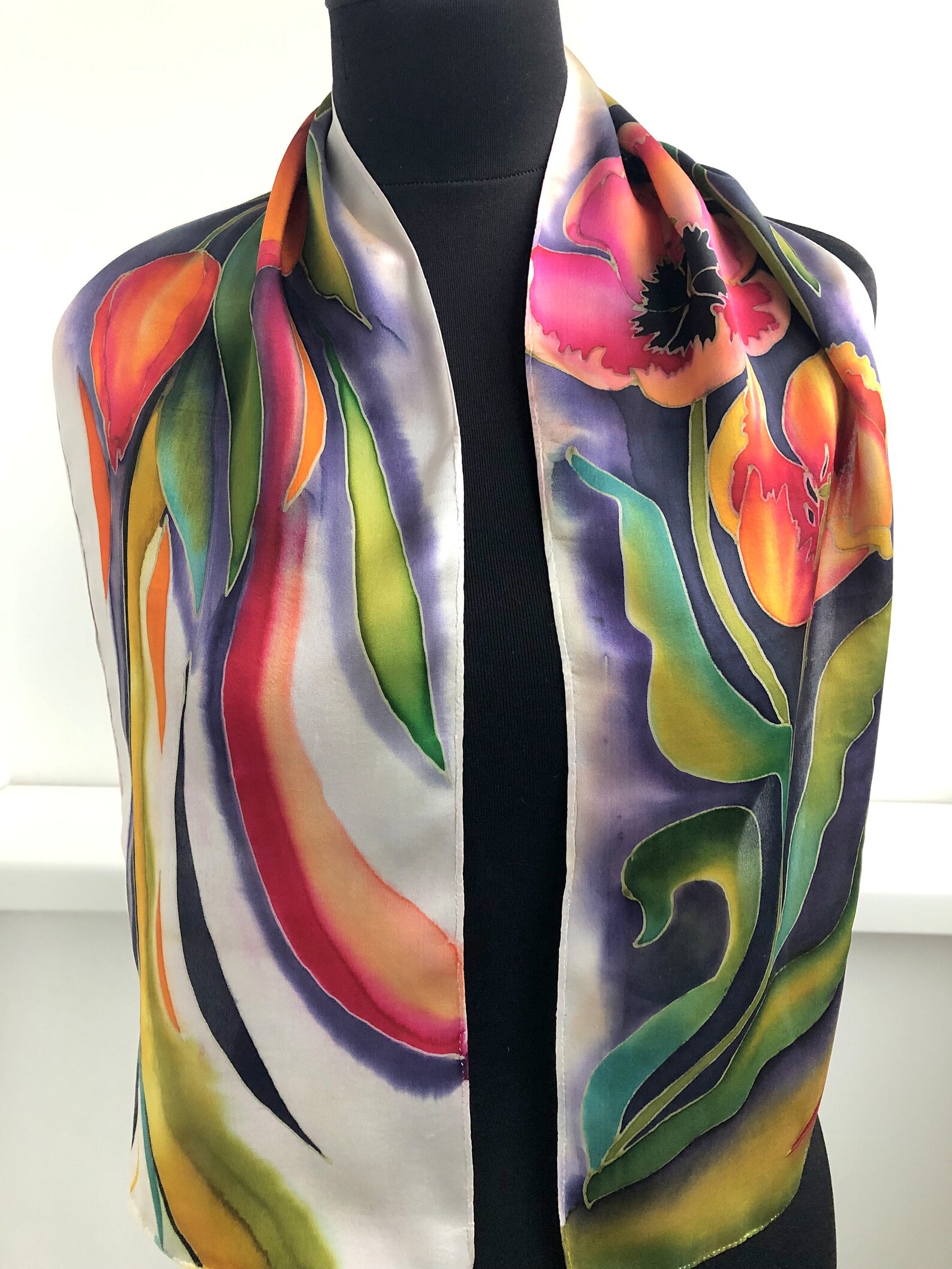 Silk Satin Scarf Batik Tulips Hand-painted Silk Gift for - Etsy
