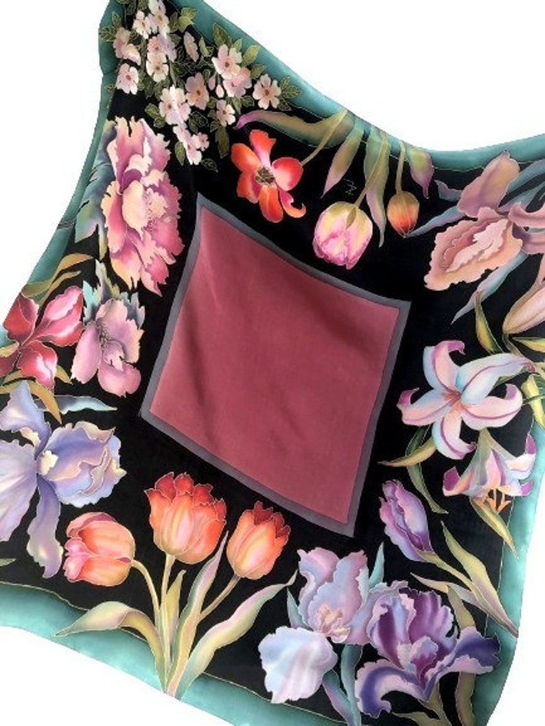Hand Painted Silk Shawl Spring Flowers Floral Designer Scarf Luxury ...