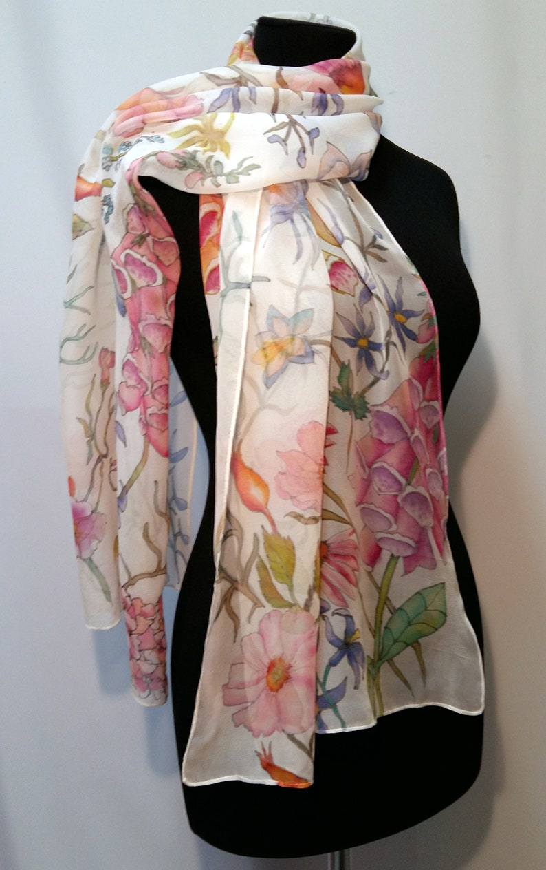 Hand Painted Botany Silk Chiffon Scarf Garden Flowers Scarf - Etsy UK