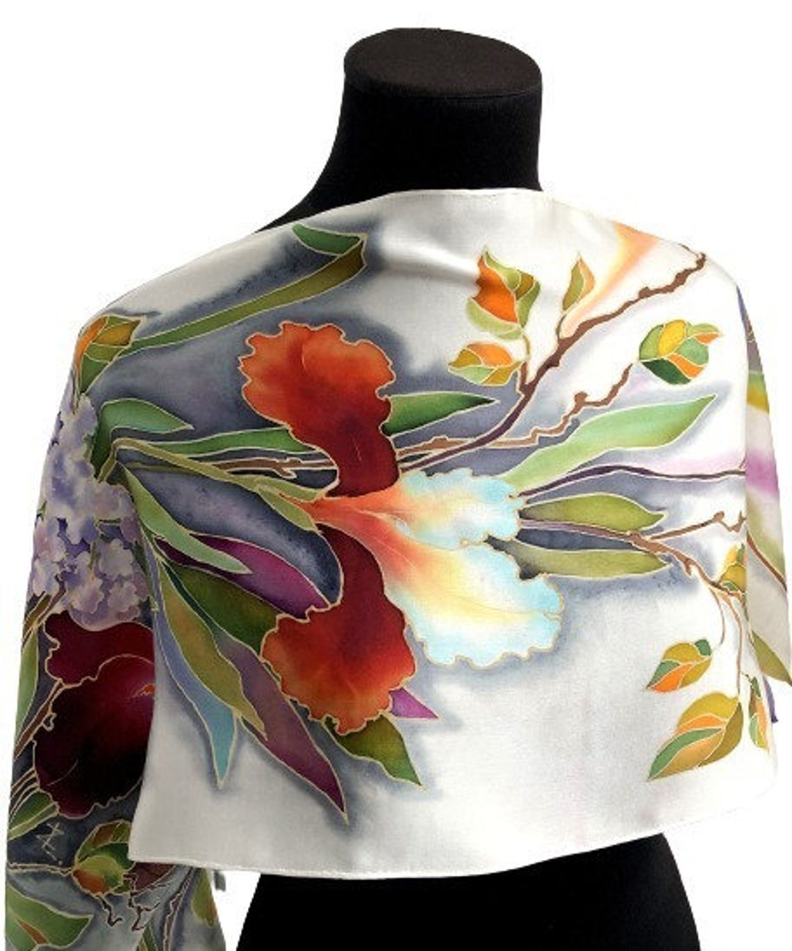Iris Batik Silk Satin Scarf Hand Painted Silk Gift Women. - Etsy