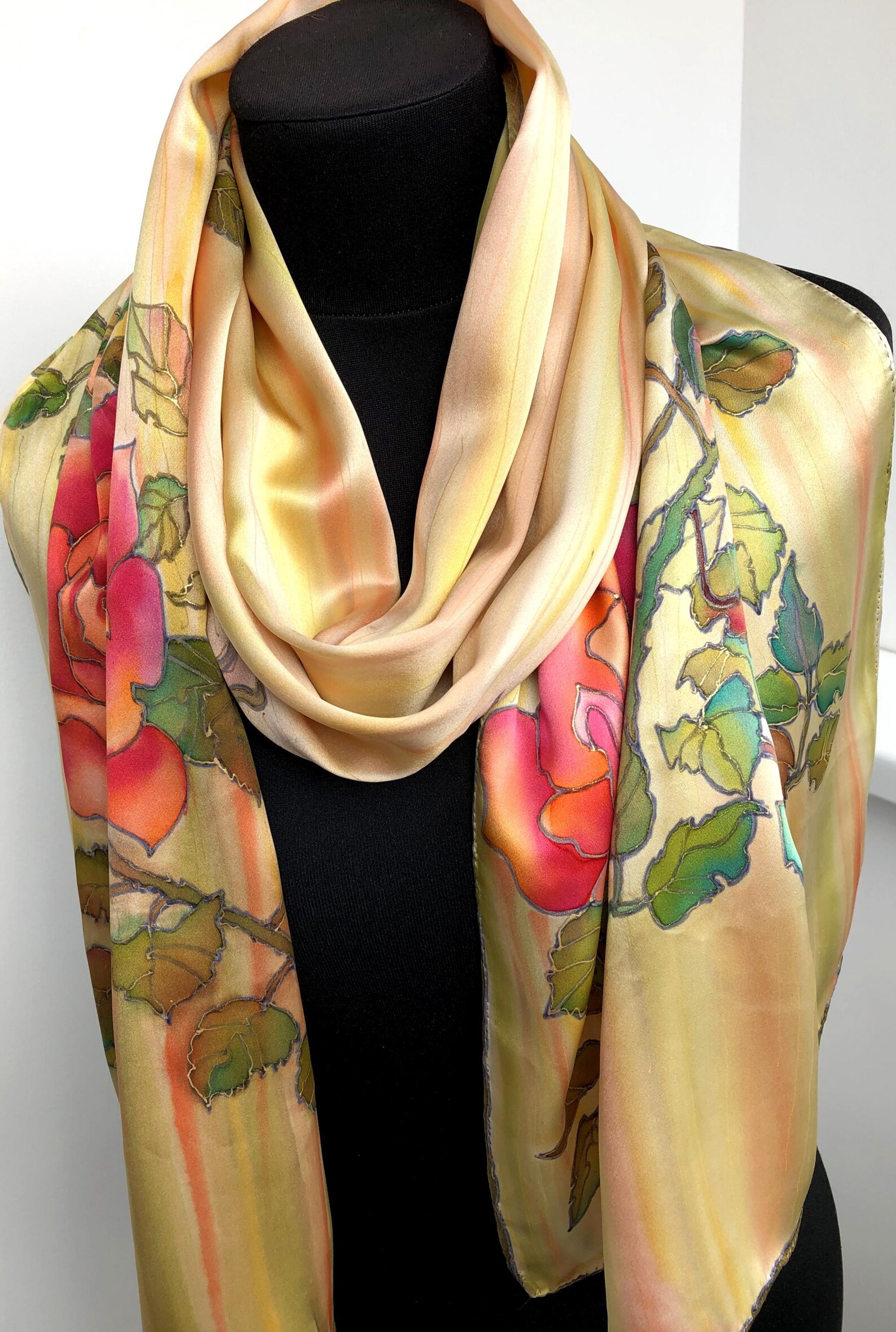 Silk Scarf Scarlet Roses Satin Silk/ Hand Painted Silk Scarf/ Gift ...