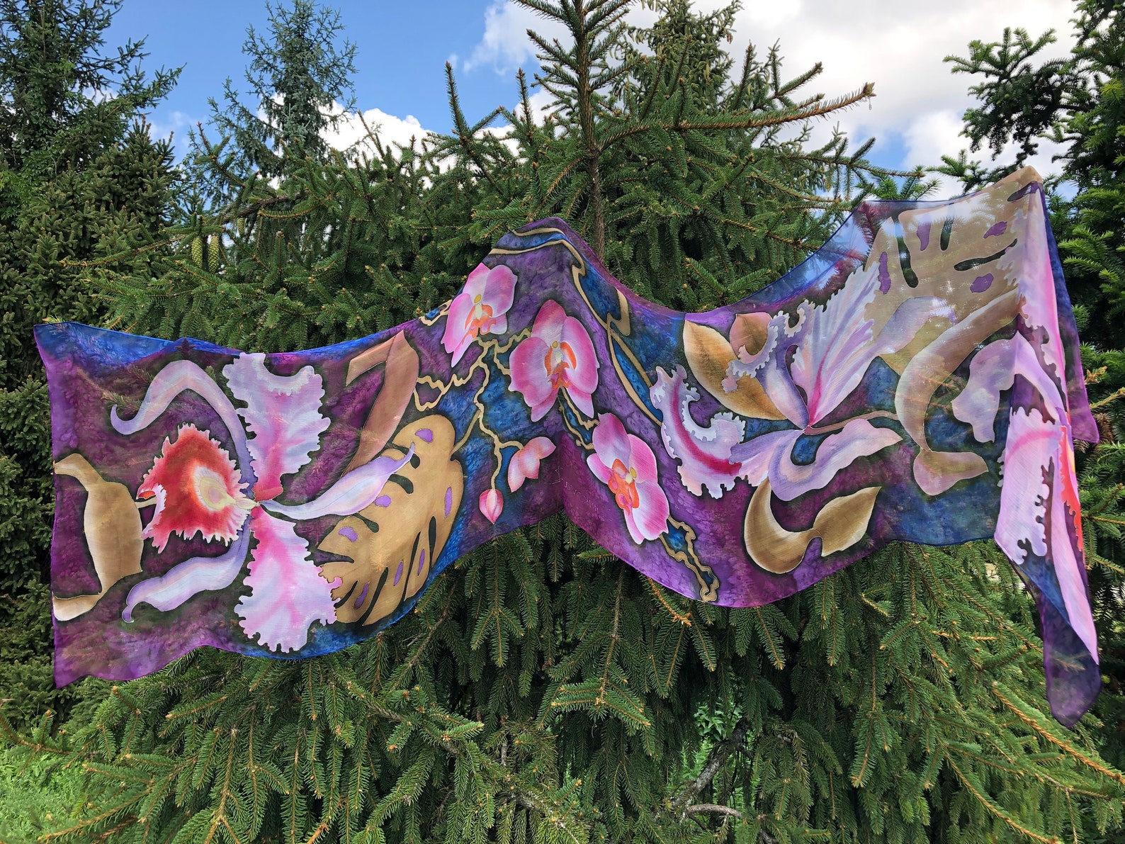 Hand Painted Large Chiffon Scarf Orchids Lightweight Silk Scarf Wedding ...