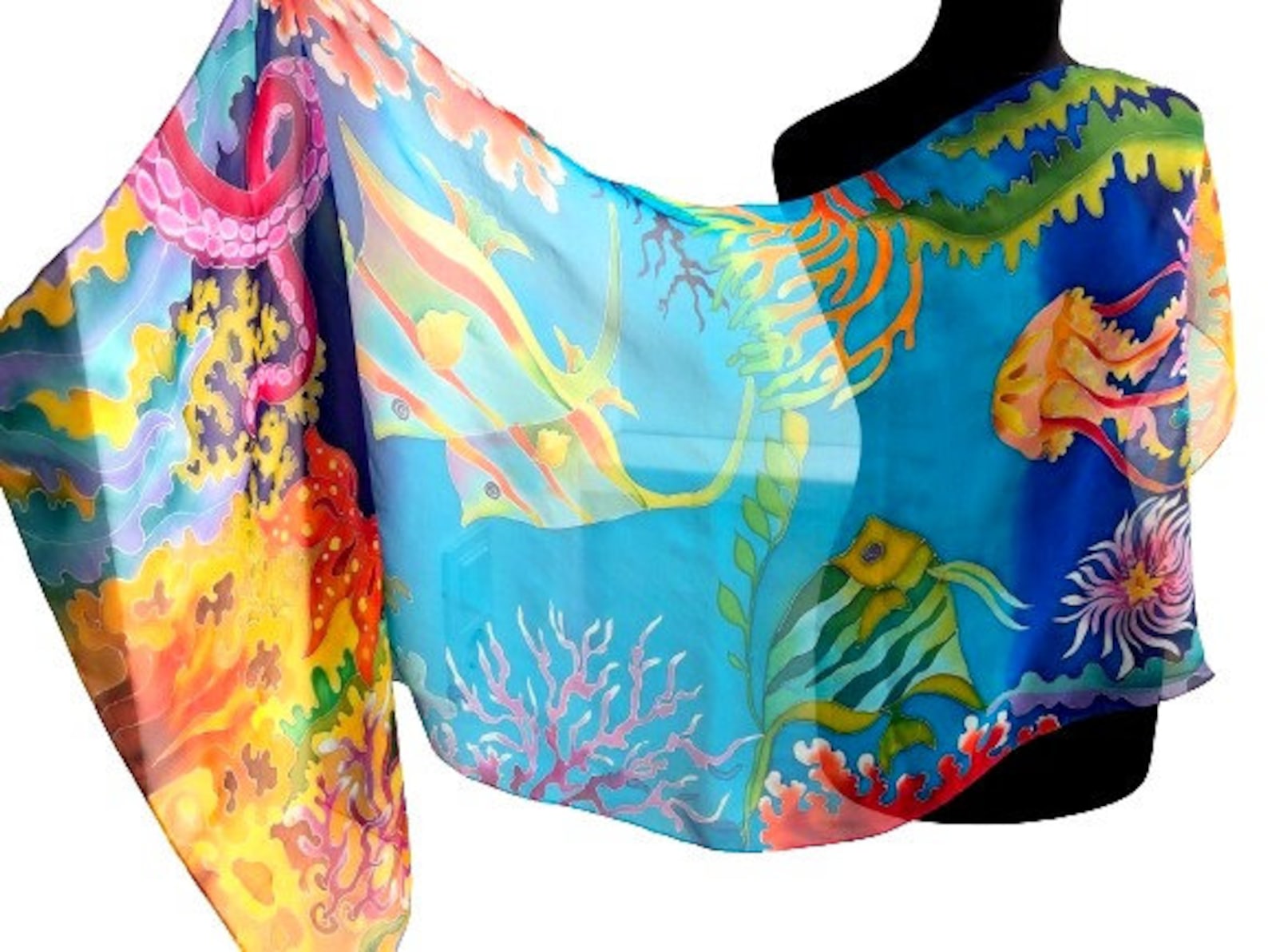Hand Painted Silk Shawl Sarong Tropics Sea Fish Natural - Etsy