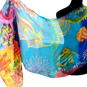 Hand Painted Silk Shawl - Sarong Tropics, Sea, Fish, Natural Chiffon ...
