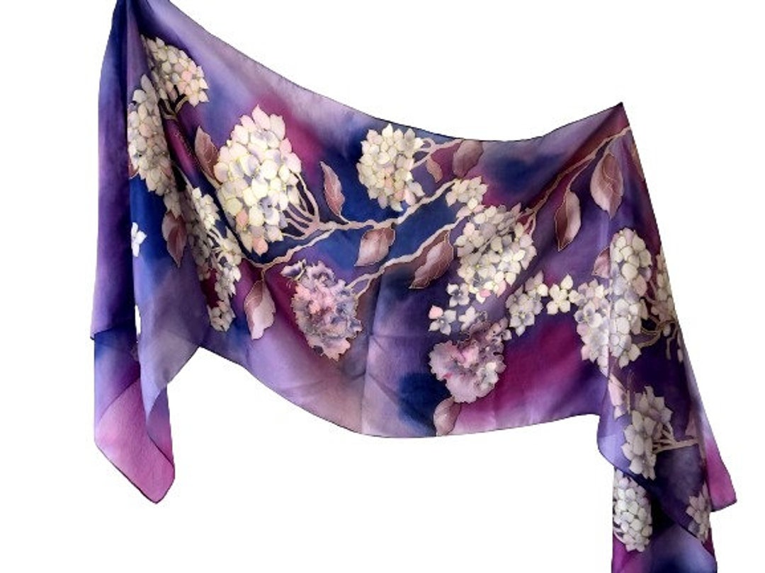 Hand Painted Silk Scarf Hydrangea Flower Silk Scarf Purple Silk Scarf ...