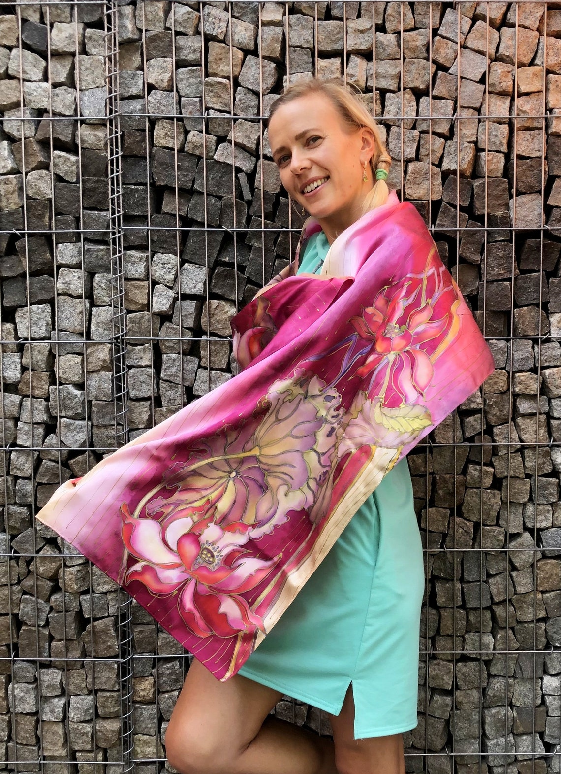 Silk Scarf Lotus, Hand Painted Burgundy and Ocher Silk Scarf ...