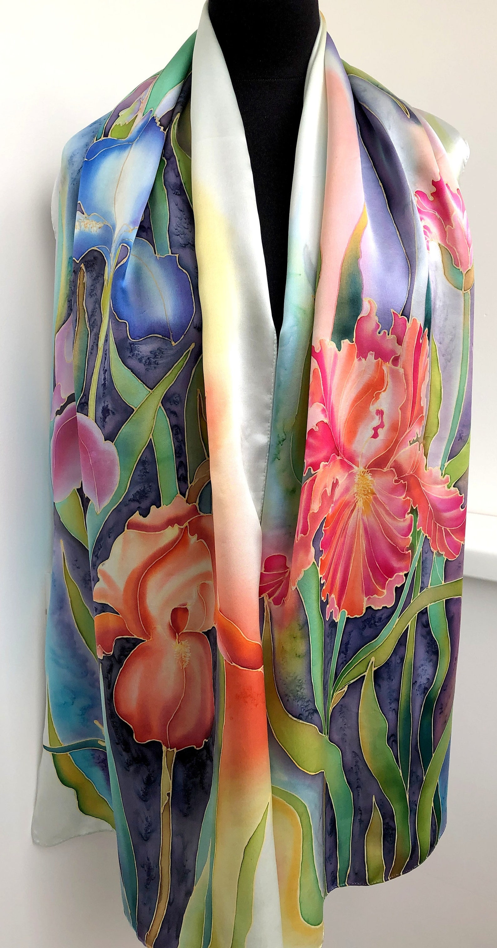 Iris Batik Silk Satin Scarf Hand Painted Silk Gift Women - Etsy