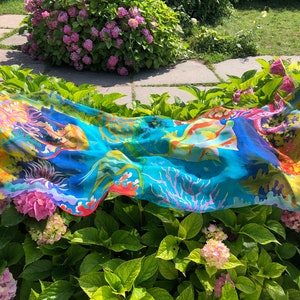 Hand Painted Silk Shawl - Sarong Tropics, Sea, Fish, Natural Chiffon ...